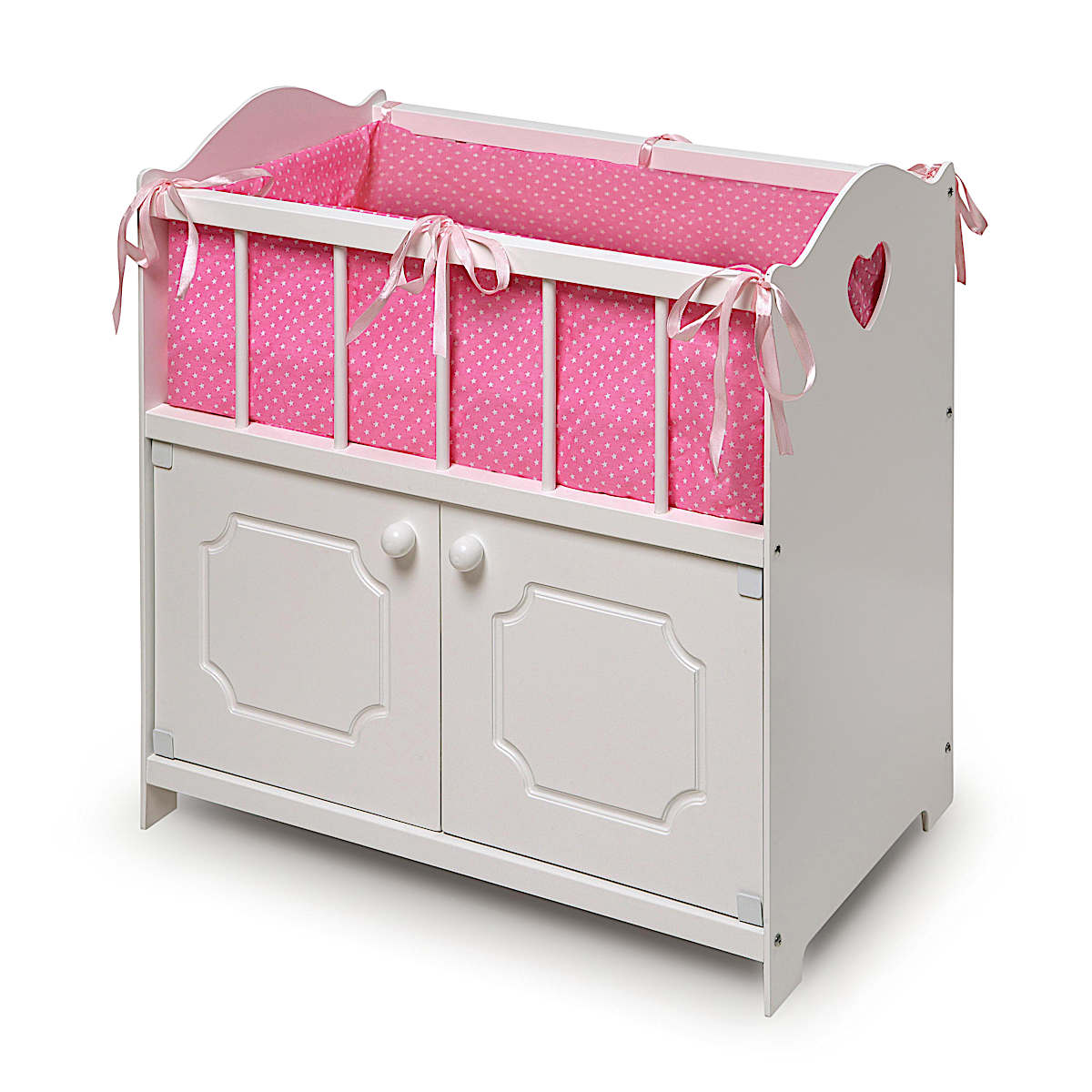 White Wooden Storage Doll Crib For Kids 6+ With Cabinet And Pink ...